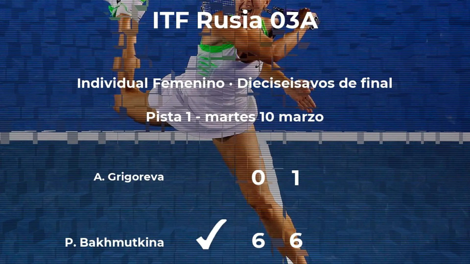 Resultados de tenis en directo: partido Polina Bakhmutkina - Anna Grigoreva en ITF Rusia 03A