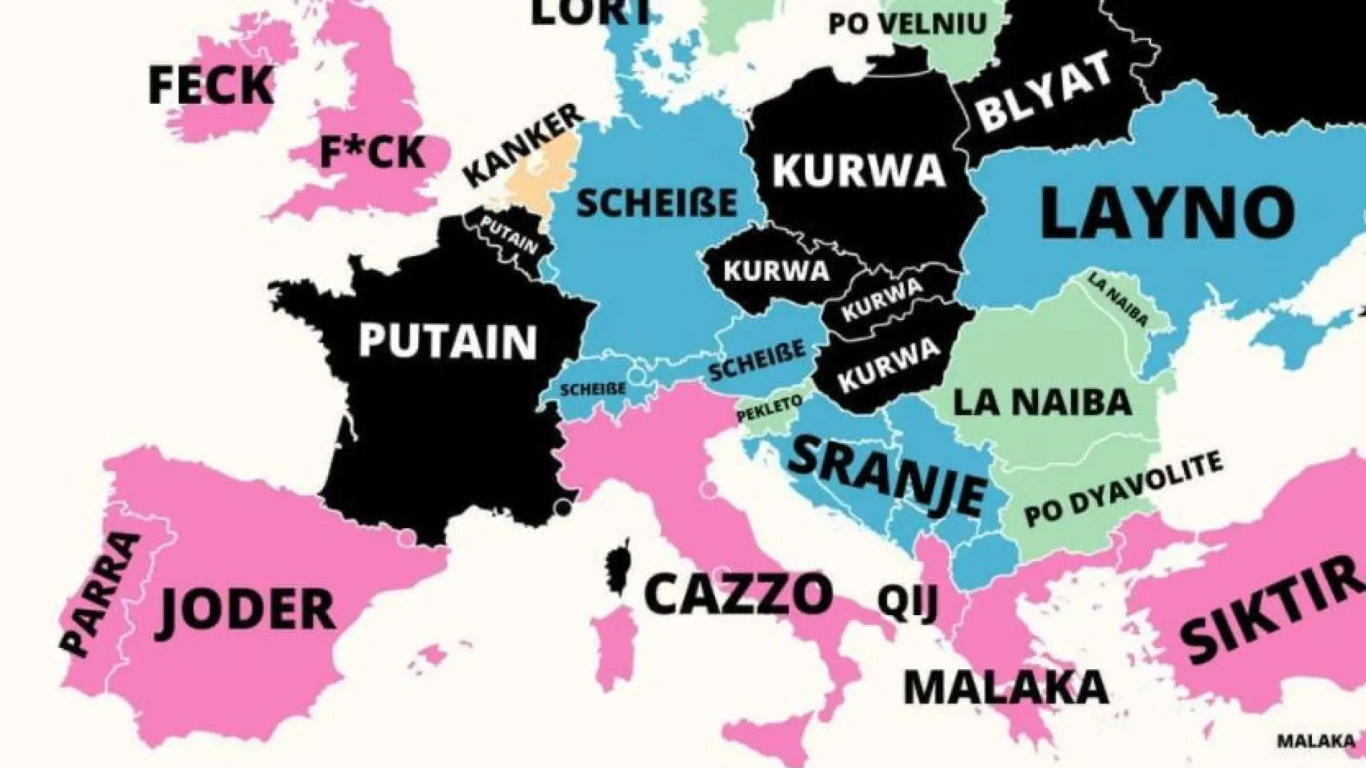 El mapa de la palabrota más común en cada país europeo