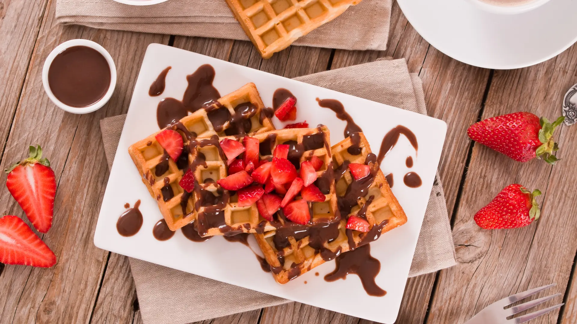 Gofre de galletas bañadas en café con fresas y chocolate muy fácil y barato