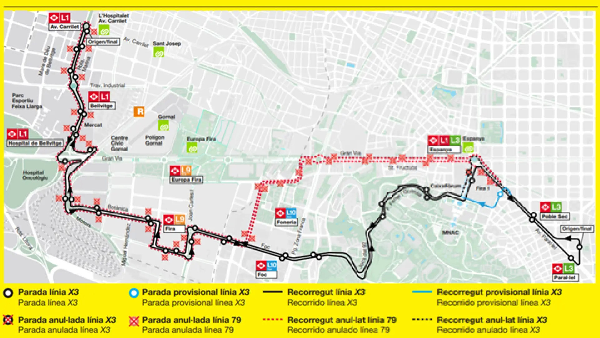 Nueva ruta de bus exprés de TMB entre Paral·lel y l'Hospitalet de Llobregat: recorrido y todas ...